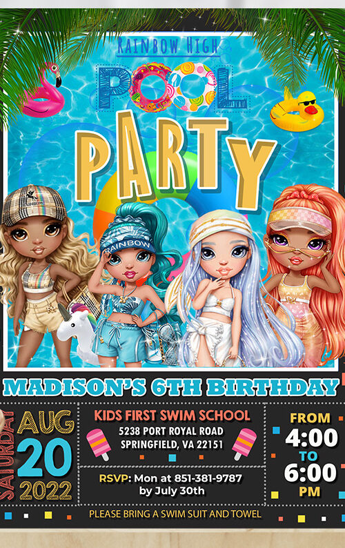 Rainbow High Pool Party Birthday Invitation