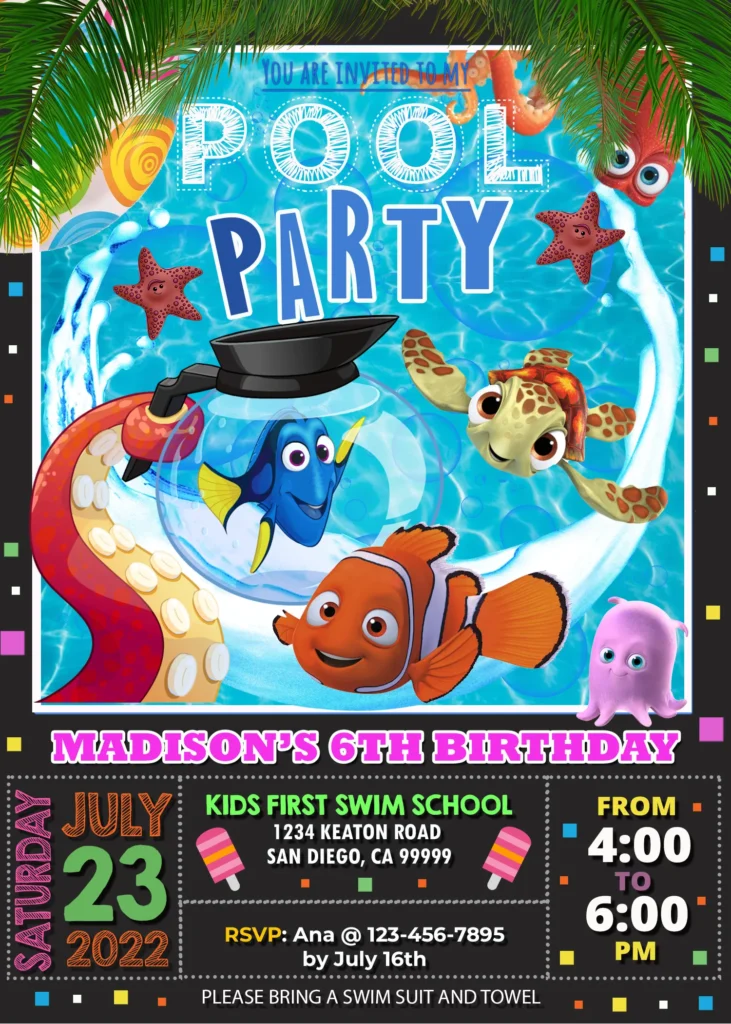 Finding Nemo Pool Party Birthday Invitation Template - Laumarybaby