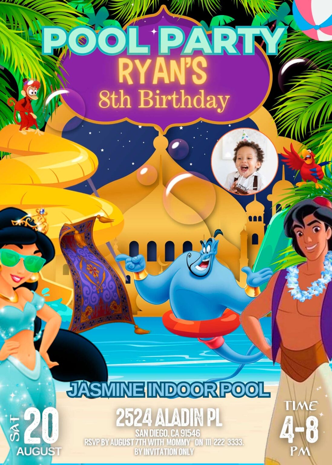 Aladdín Pool Party Birthday Invitation