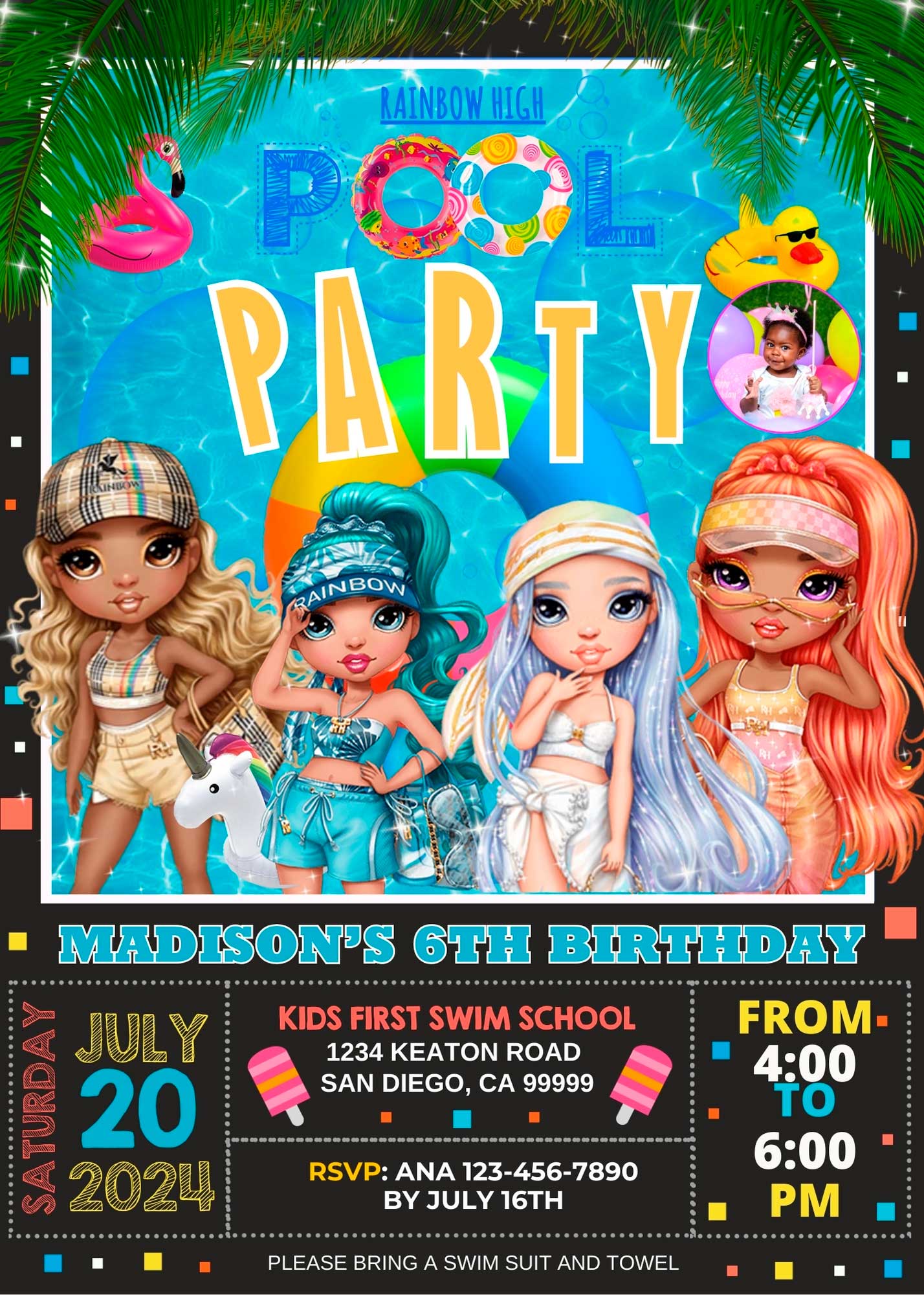 Rainbow High Pool Party Birthday Invitation