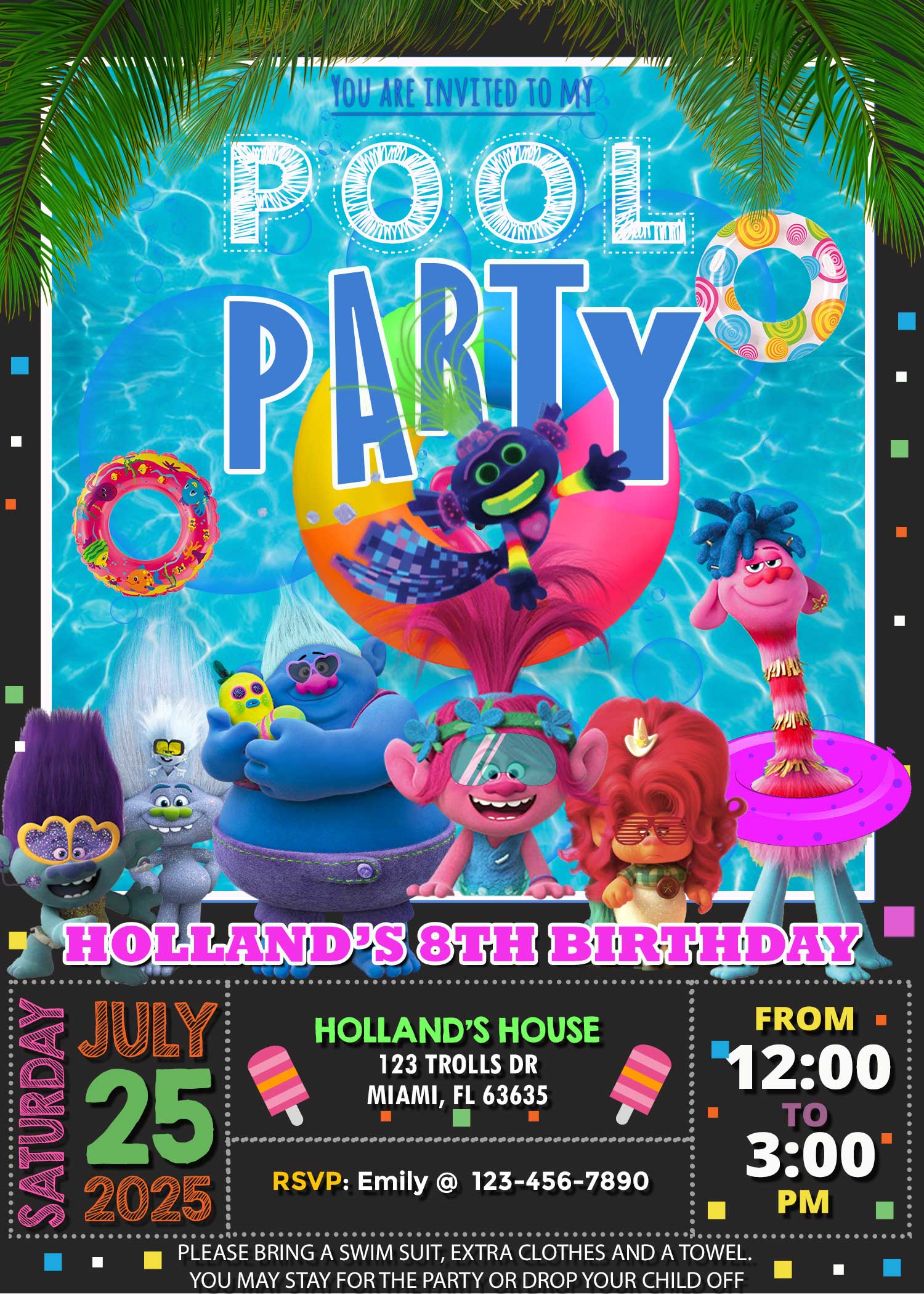 Trolls Pool Party Birthday Invitation - Laumarybaby